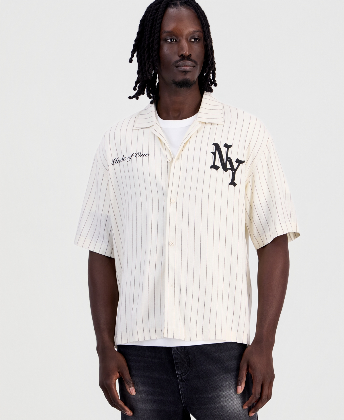 Click here for Mode of One Mens Boxy Pinstripe Short-Sleeve Shirt... prices