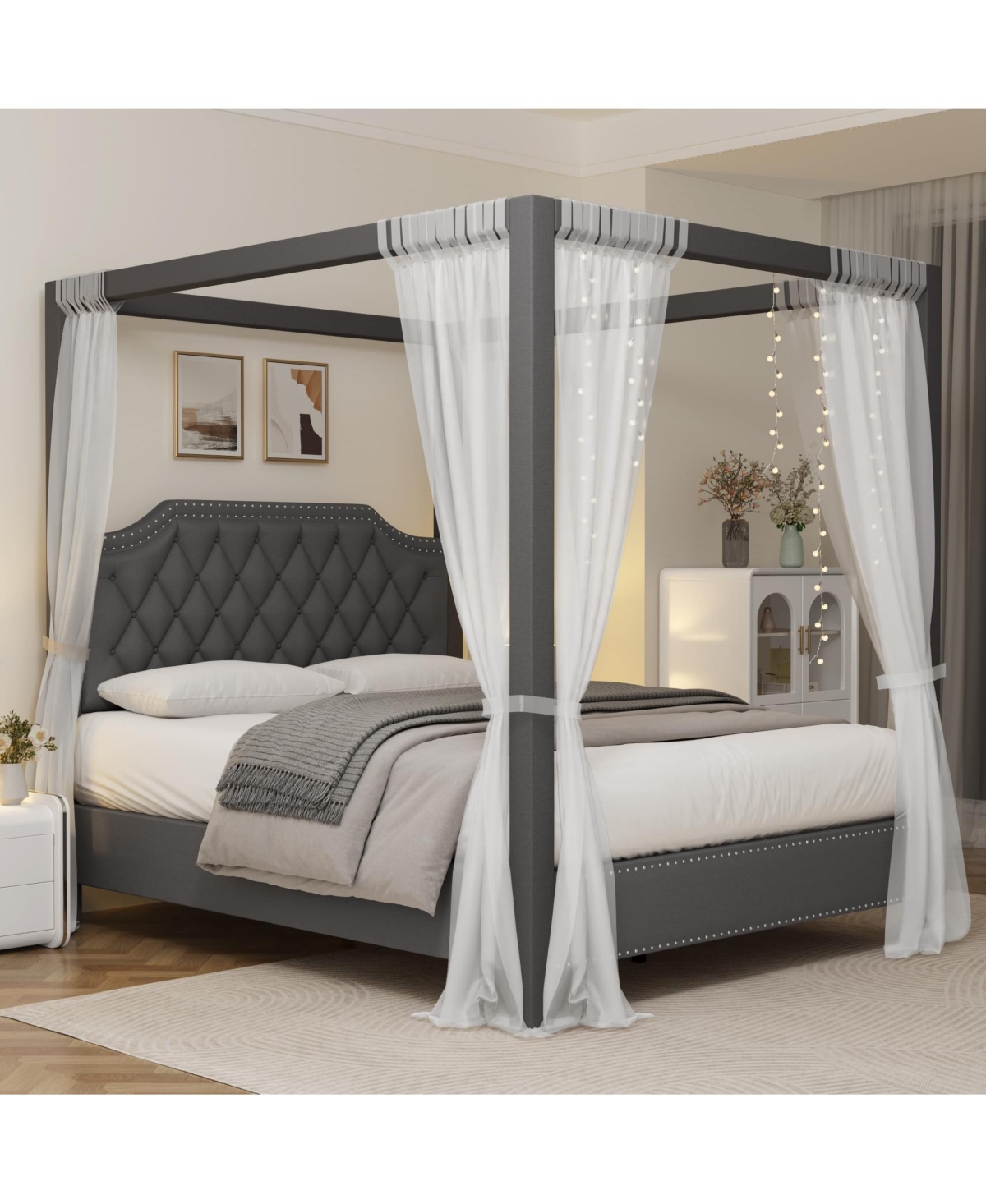 Click here for homfan Canopy Bed Frame with Nailhead Decoration H... prices