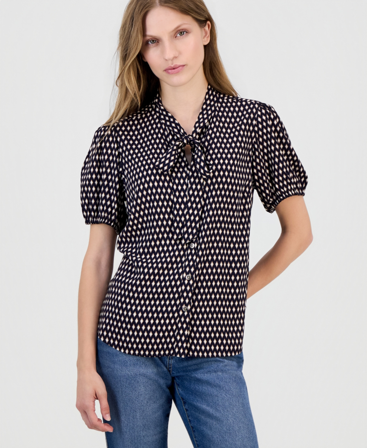 Click here for Nautica Womens Printed Puff-Sleeve Button-Front Sh... prices