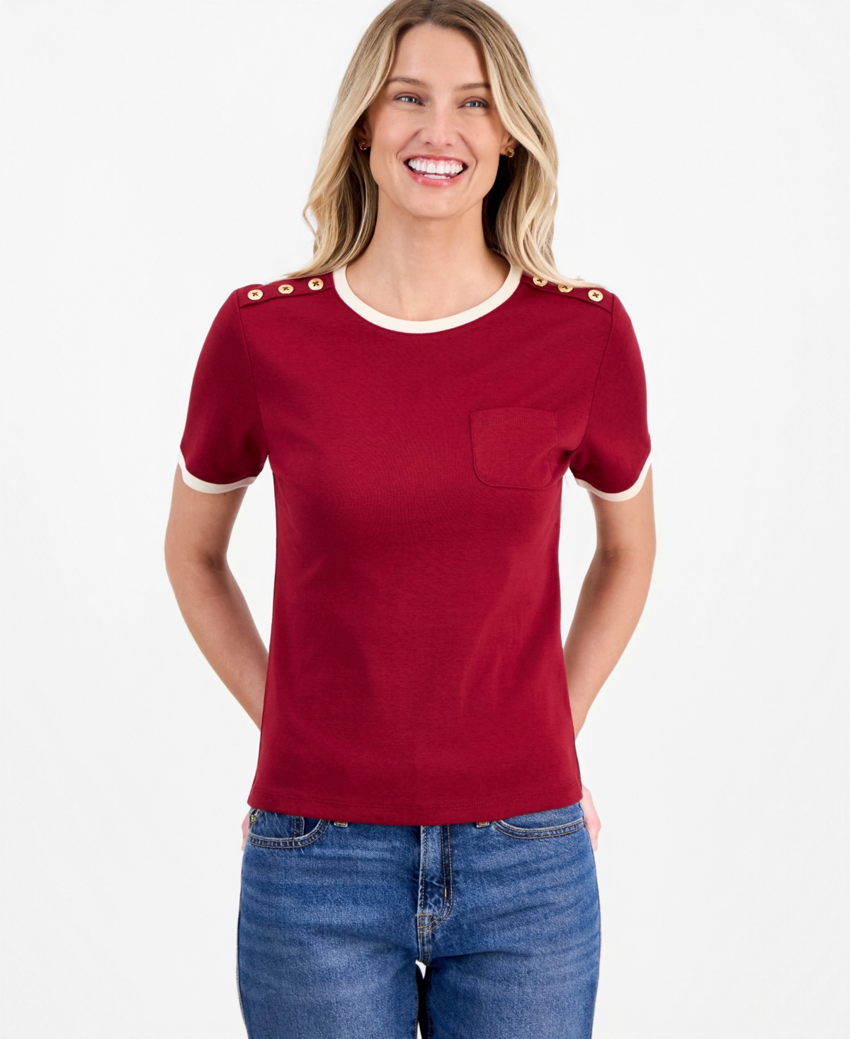 Click here for Nautica Womens Cotton Button-Shoulder Ringer T-Shi... prices