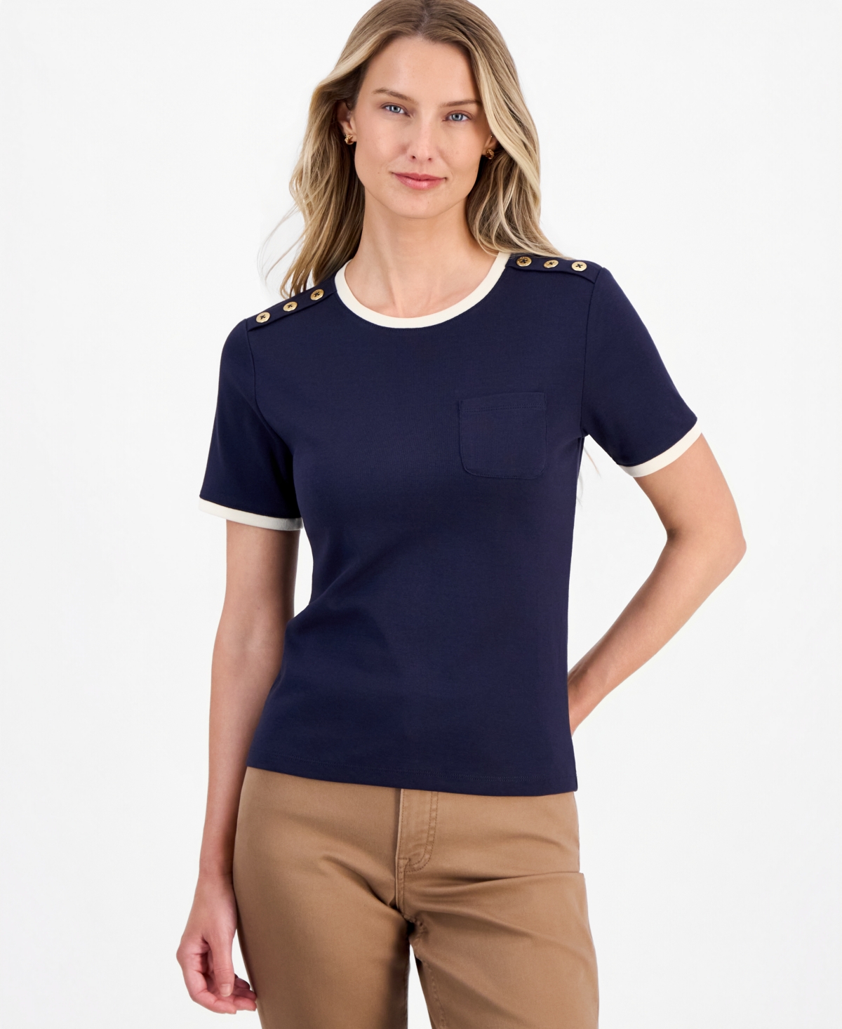 Click here for Nautica Womens Cotton Button-Shoulder Ringer T-Shi... prices