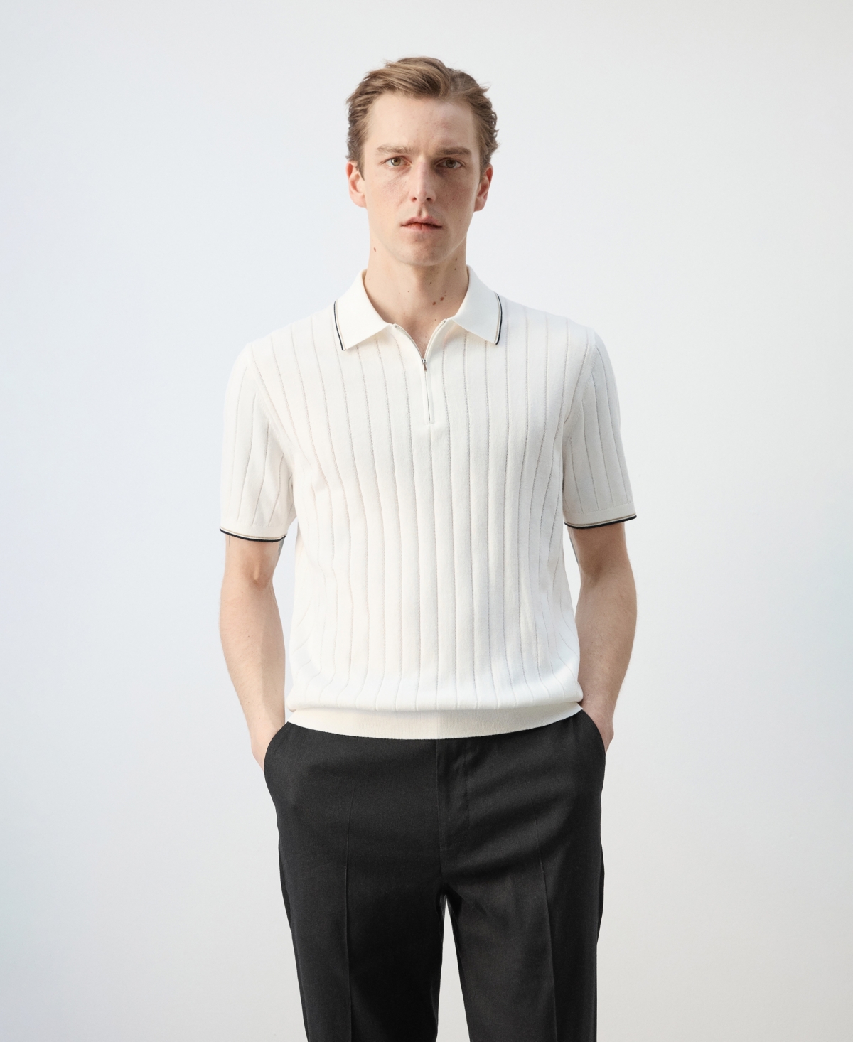 Click here for Mango Mens Fine-Knit Zipper Polo Shirt - Off White prices