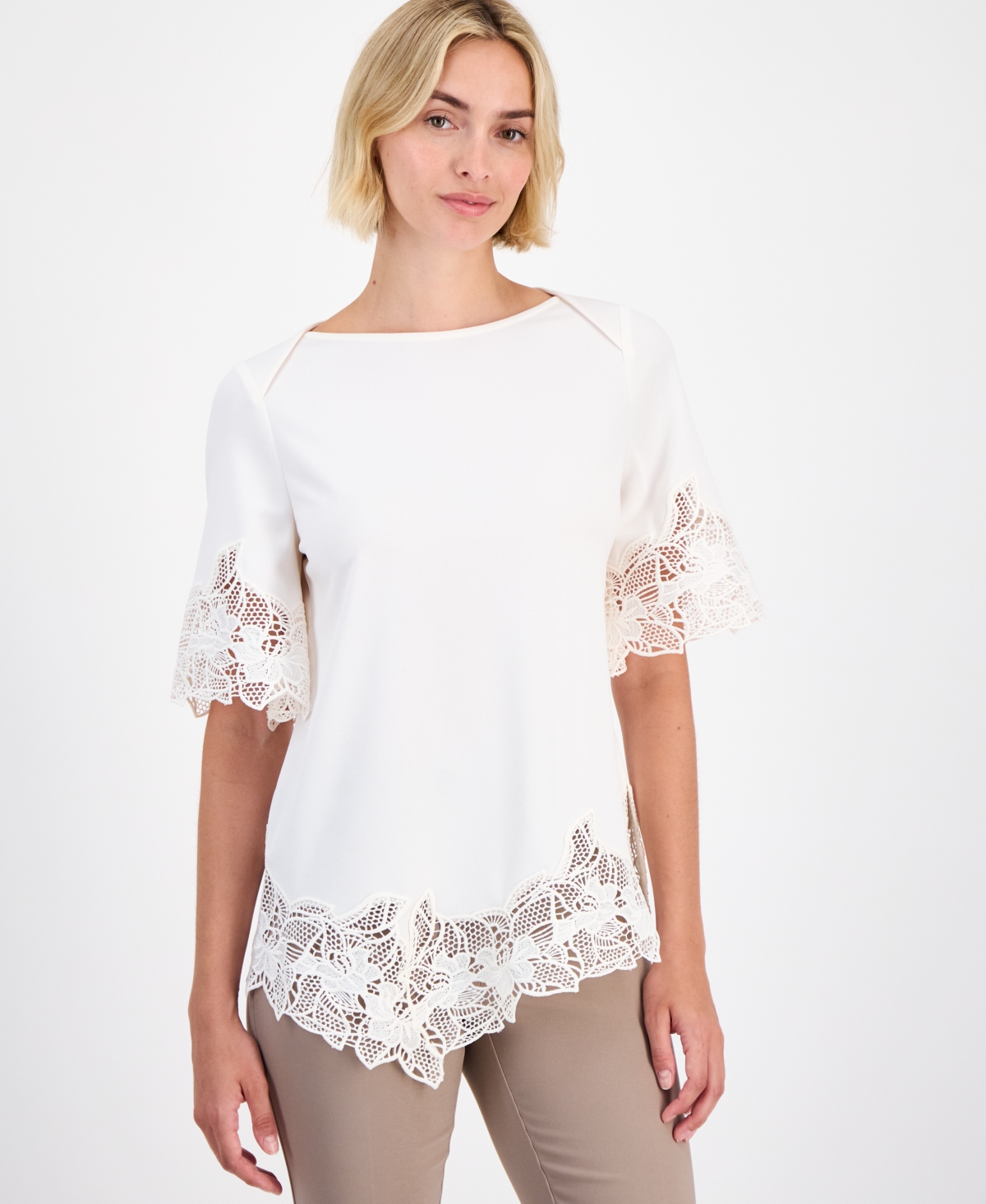 Click here for Anne Klein Womens Lace-Trim Asymmetrical Top - Whi... prices