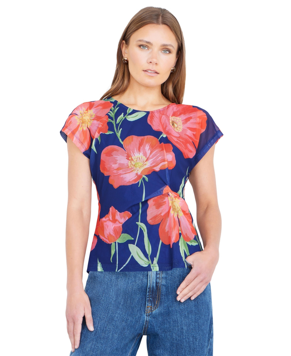 Click here for Yumi Womens Poppy Mesh Top - Navy prices