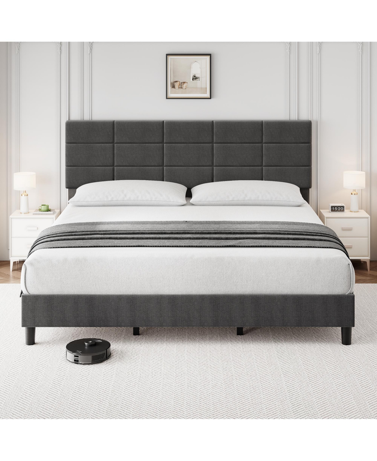 Click here for homfan Linen Upholstered Platform Bed Frame with A... prices