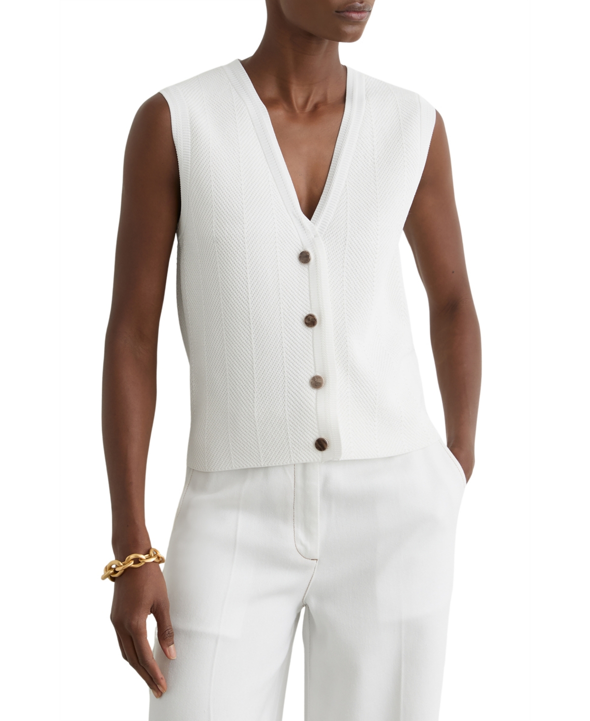 Click here for Reiss Womens Textured-Knit Button-Through Waist Sw... prices