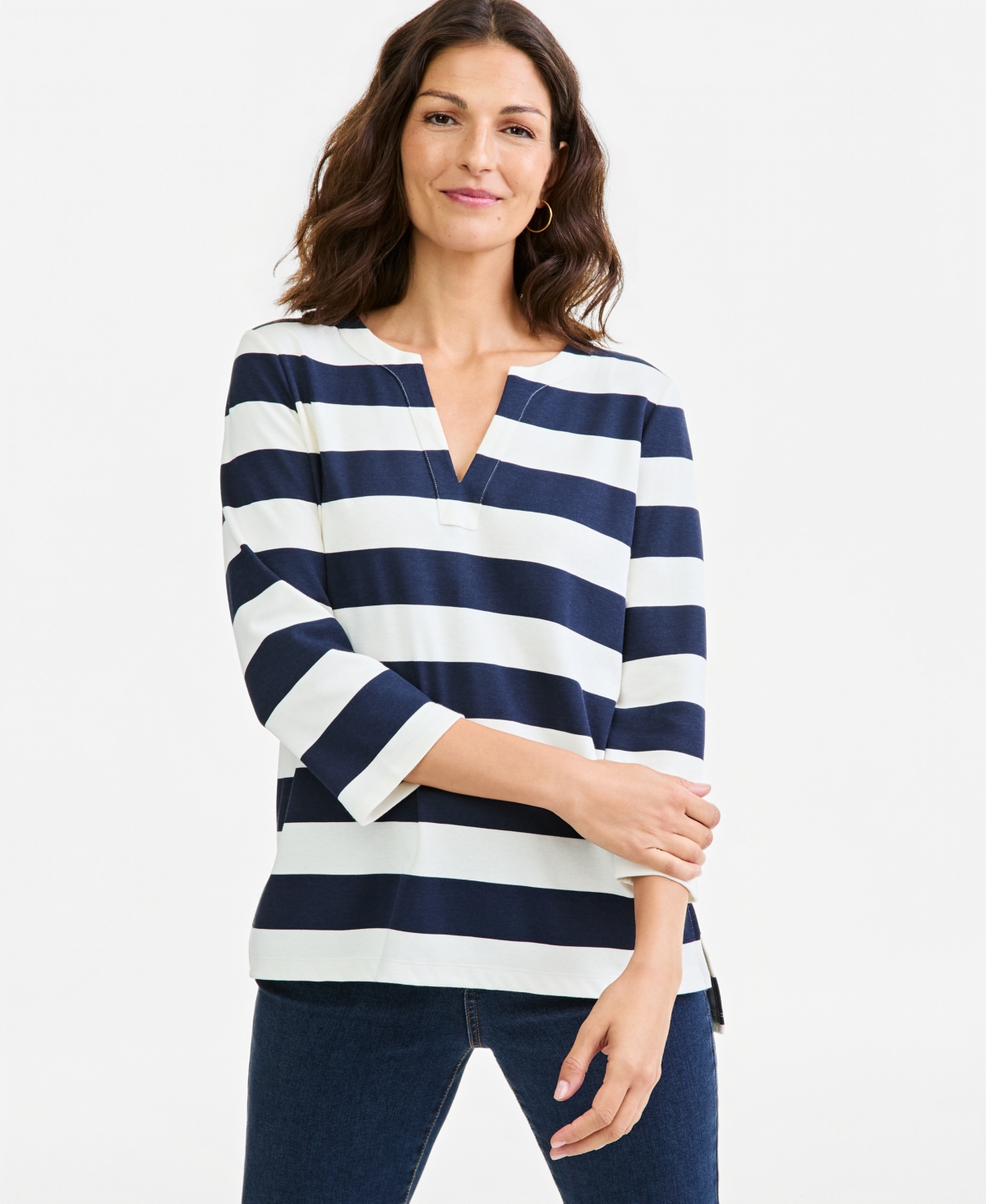 Click here for Style & Co Womens Split Neck 3/4-Sleeve Rugby Stri... prices