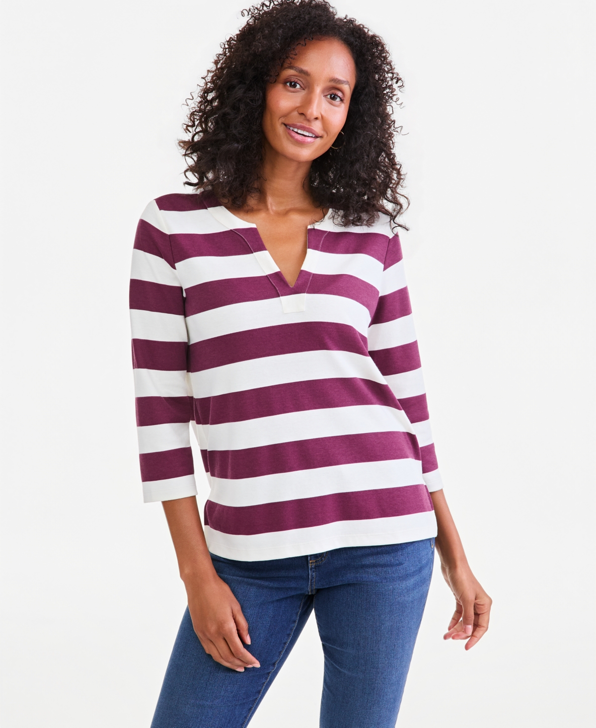 Click here for Style & Co Womens Printed 3/4-Sleeve Split-Neck Tu... prices