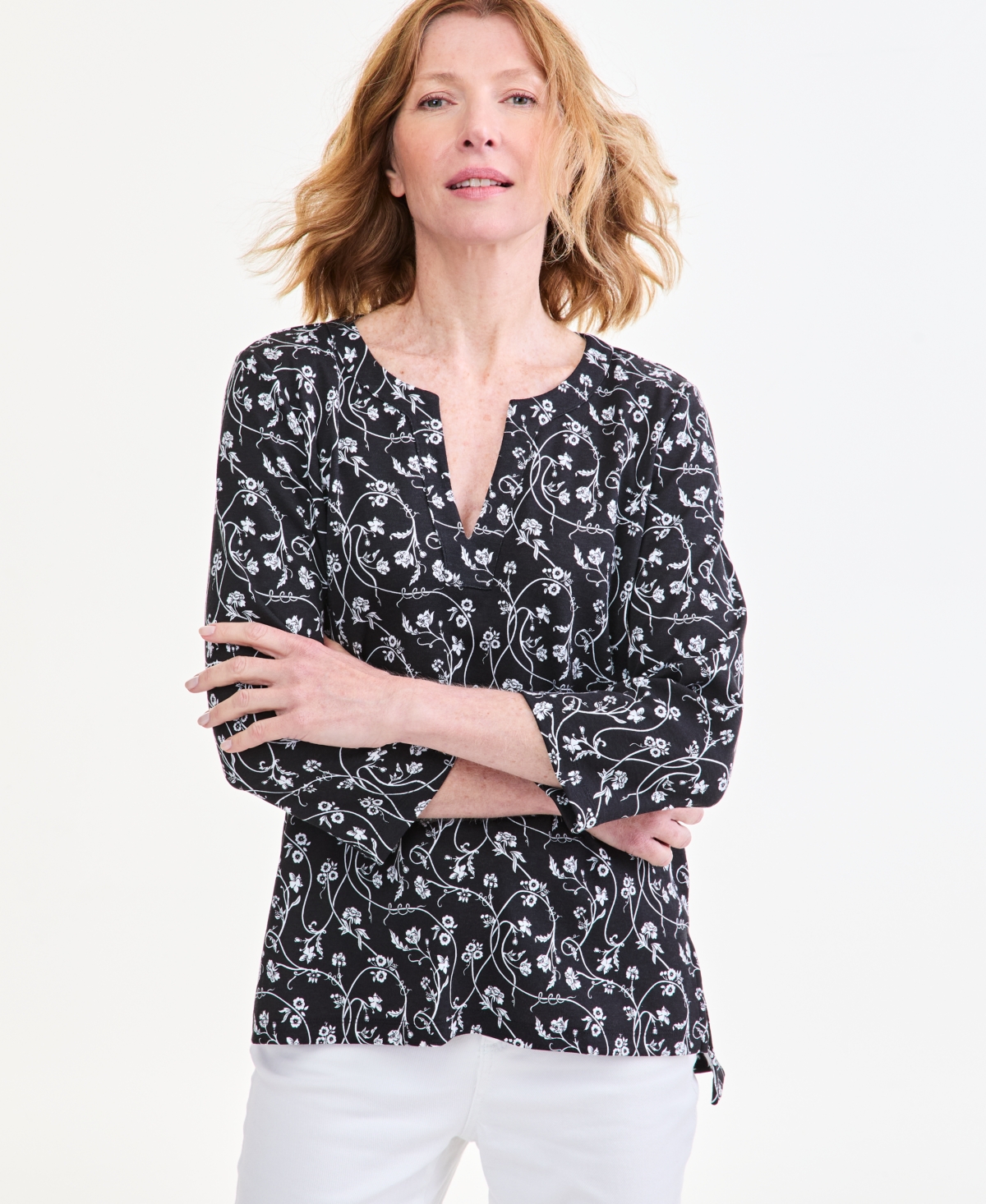 Click here for Style & Co Petite Floral Split Neck Tunic Knit Top... prices