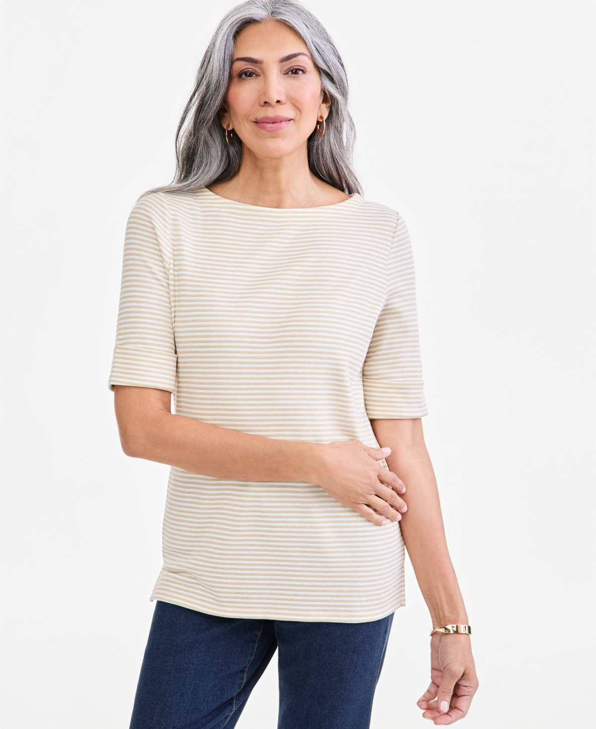 Click here for Style & Co Womens Elbow Feeder Stripe Boatneck T-S... prices