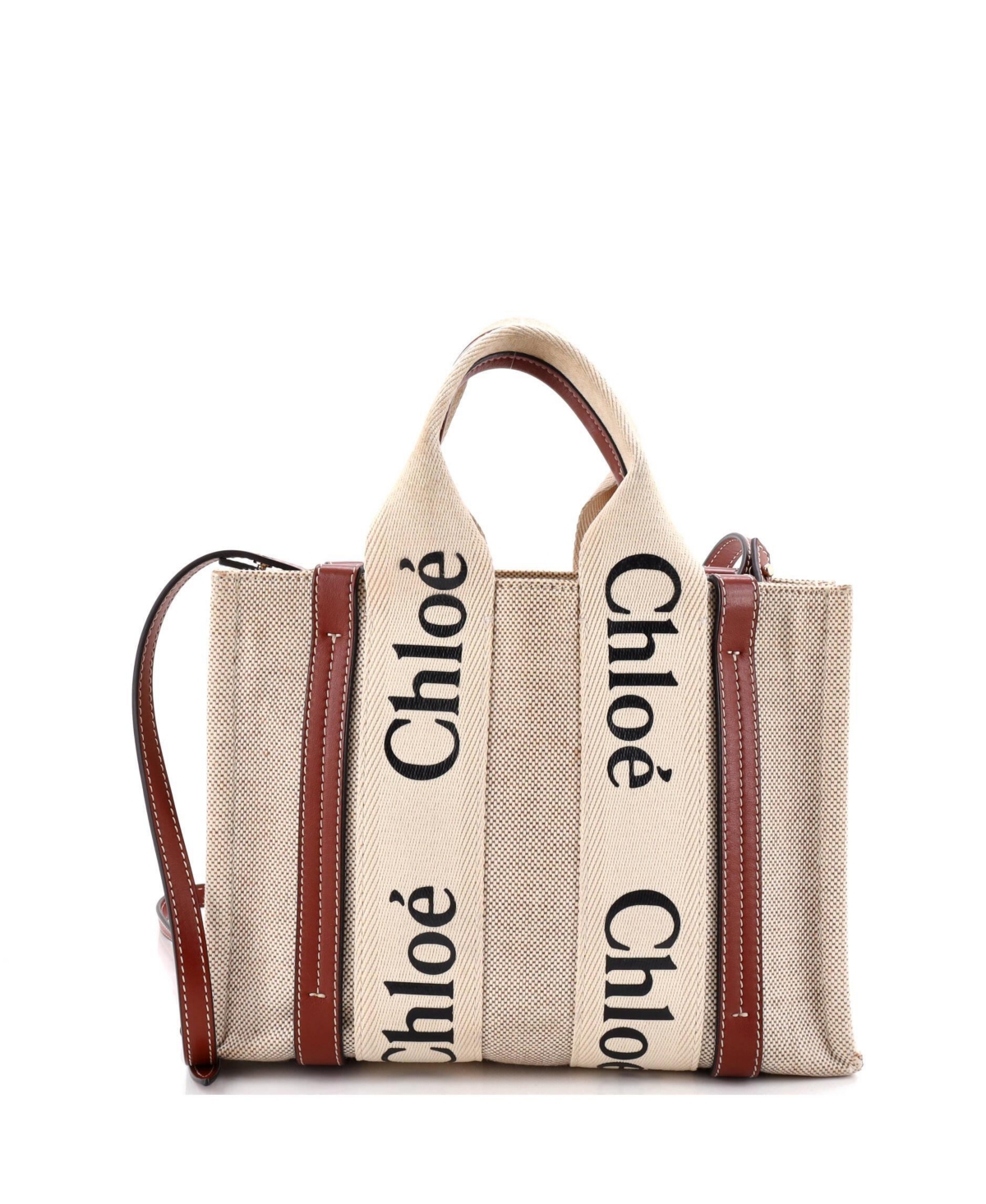 Click here for Pre-Owned Chloe Small Woody Tote Canvas with Leath... prices