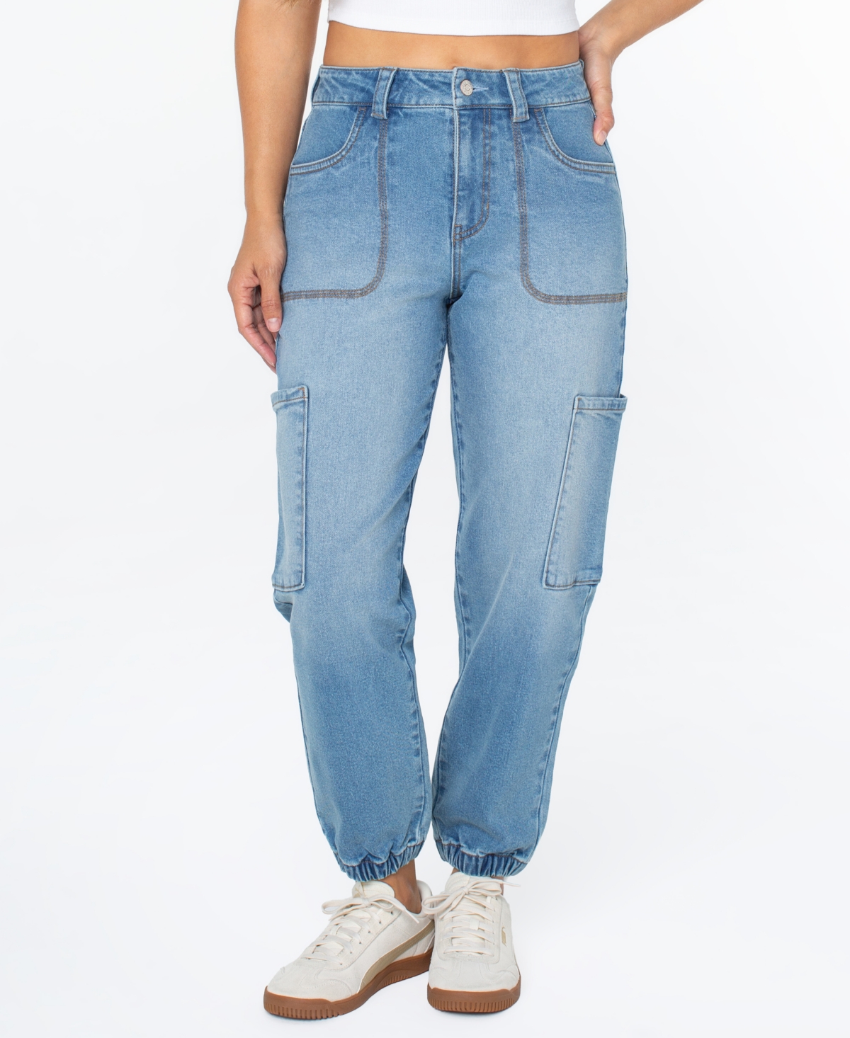 Celebrity Pink Womens High-Rise Cargo Jogger Pants - Light Wash