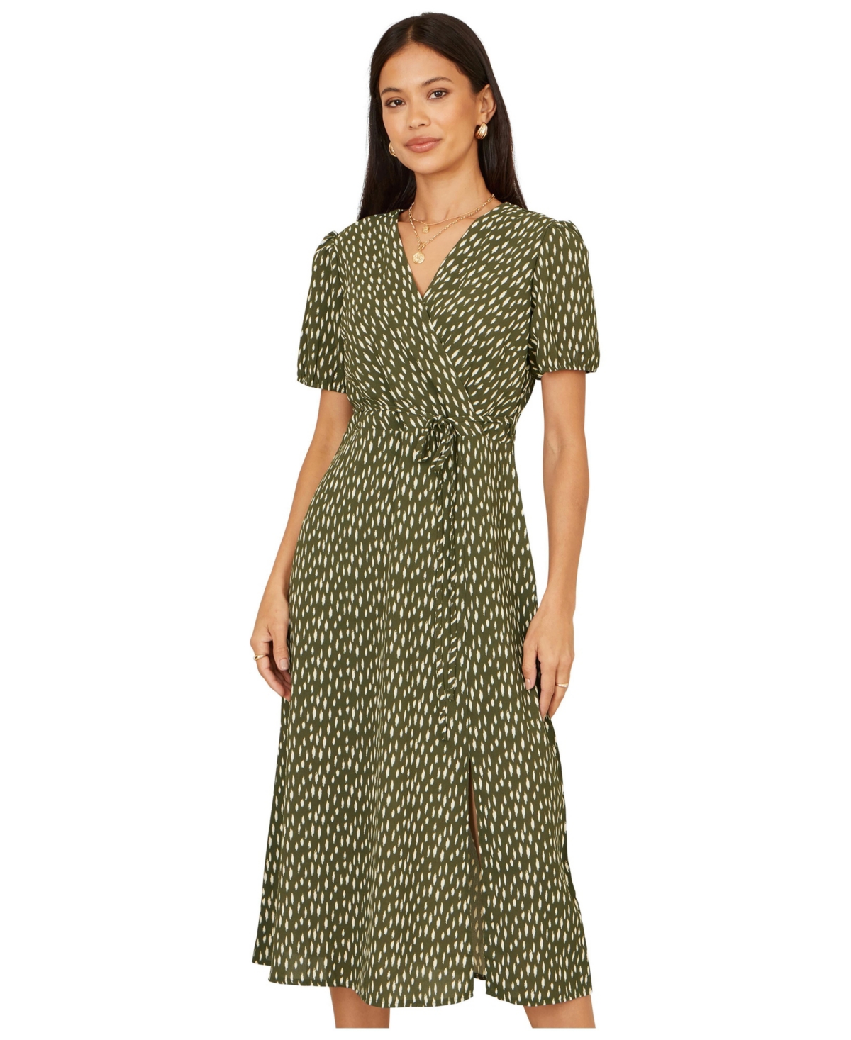 Click here for Yumi Womens Spot Wrap Midi Tea Dress - Green prices