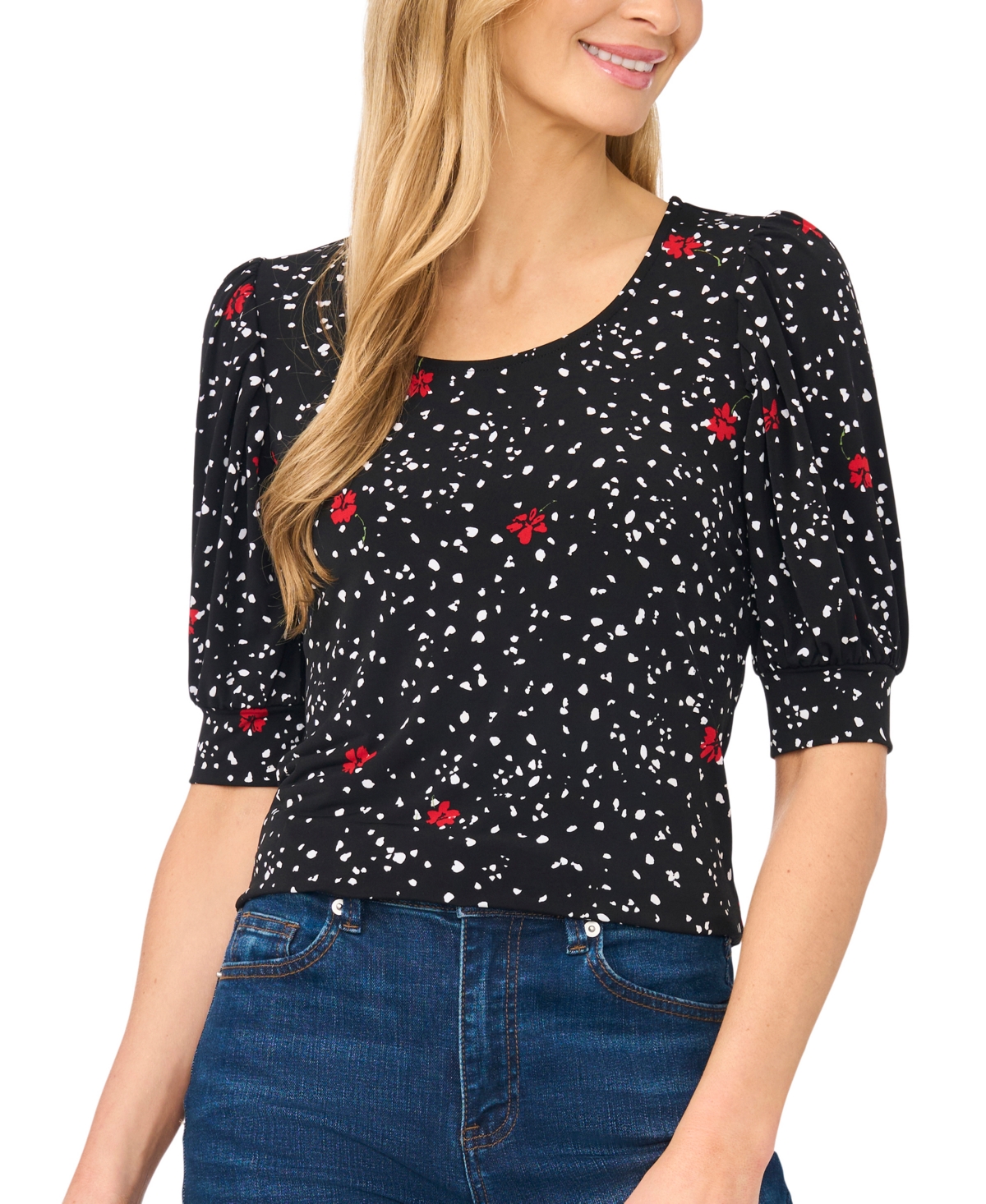 Click here for CeCe Womens Printed Scoop Neck Shirred Top - Rich... prices