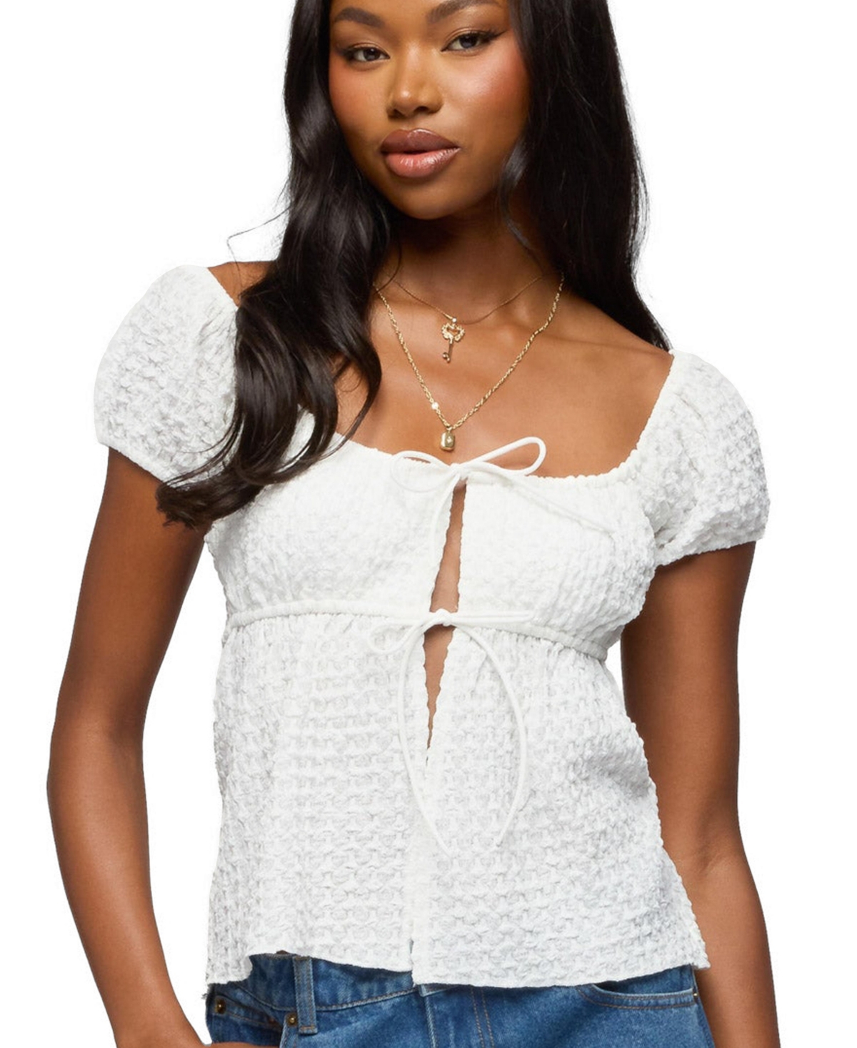 Click here for Edikted Womens Dorothey Textured Tie Front Top - W... prices