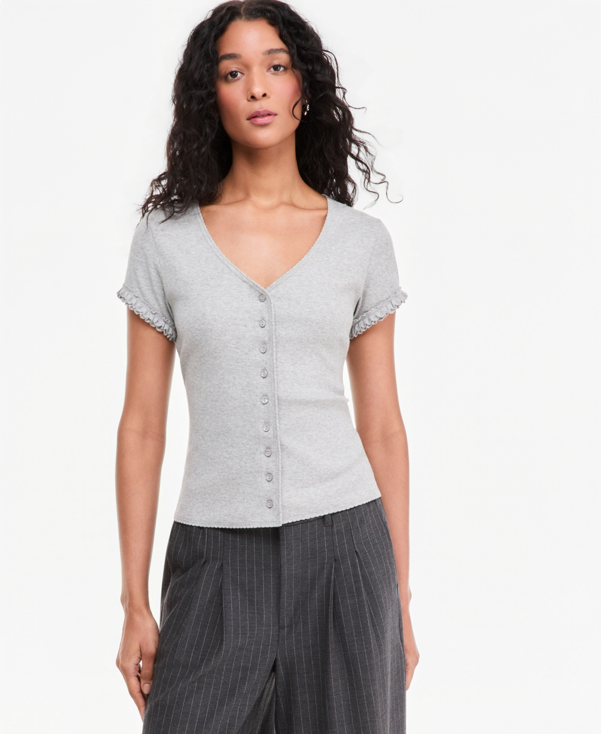 Click here for On 34th Womens Ruffle-Trim Button-Front Short-Slee... prices