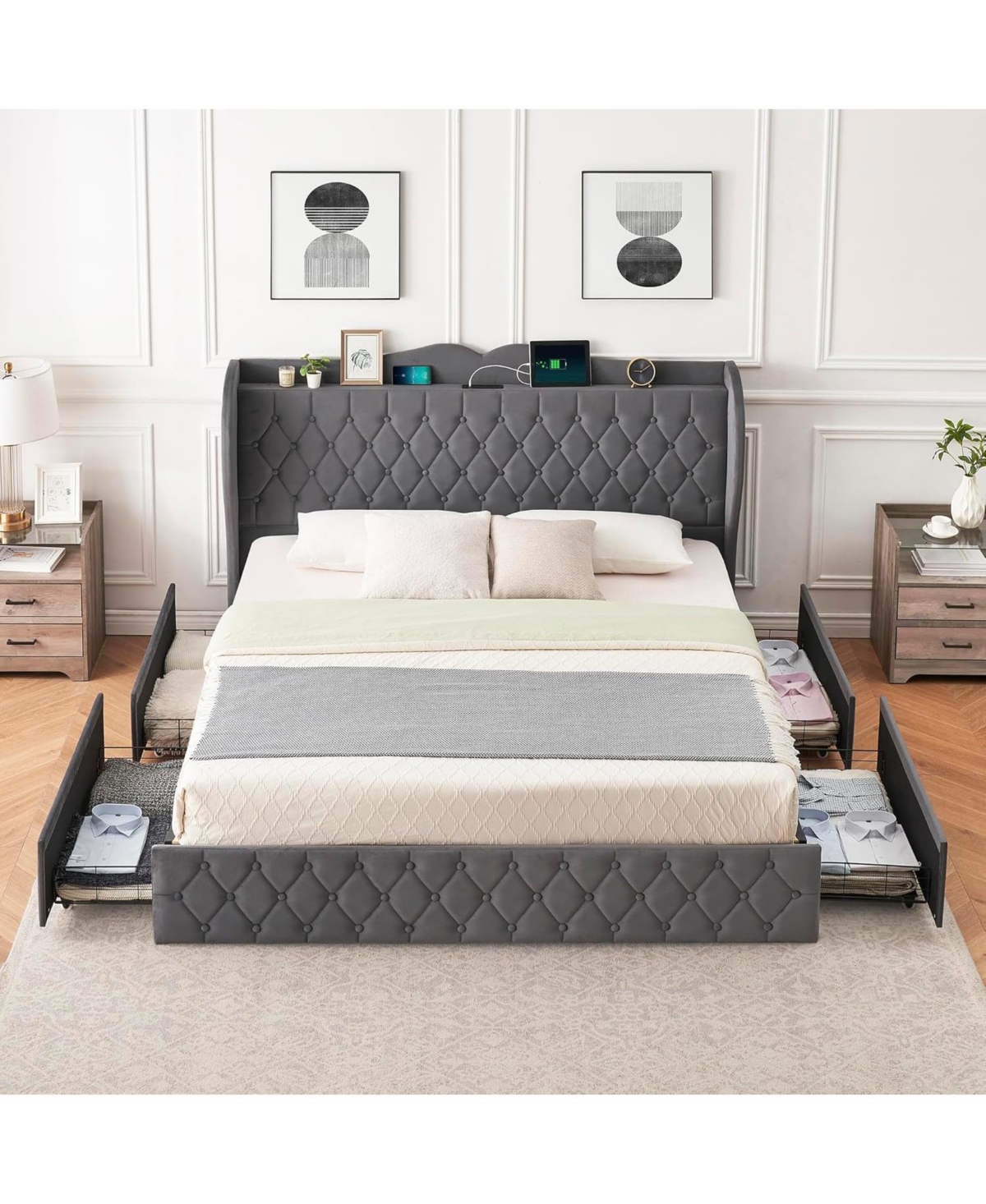Click here for homfan Velvet Upholstered Bed Frame with 4 Storage... prices
