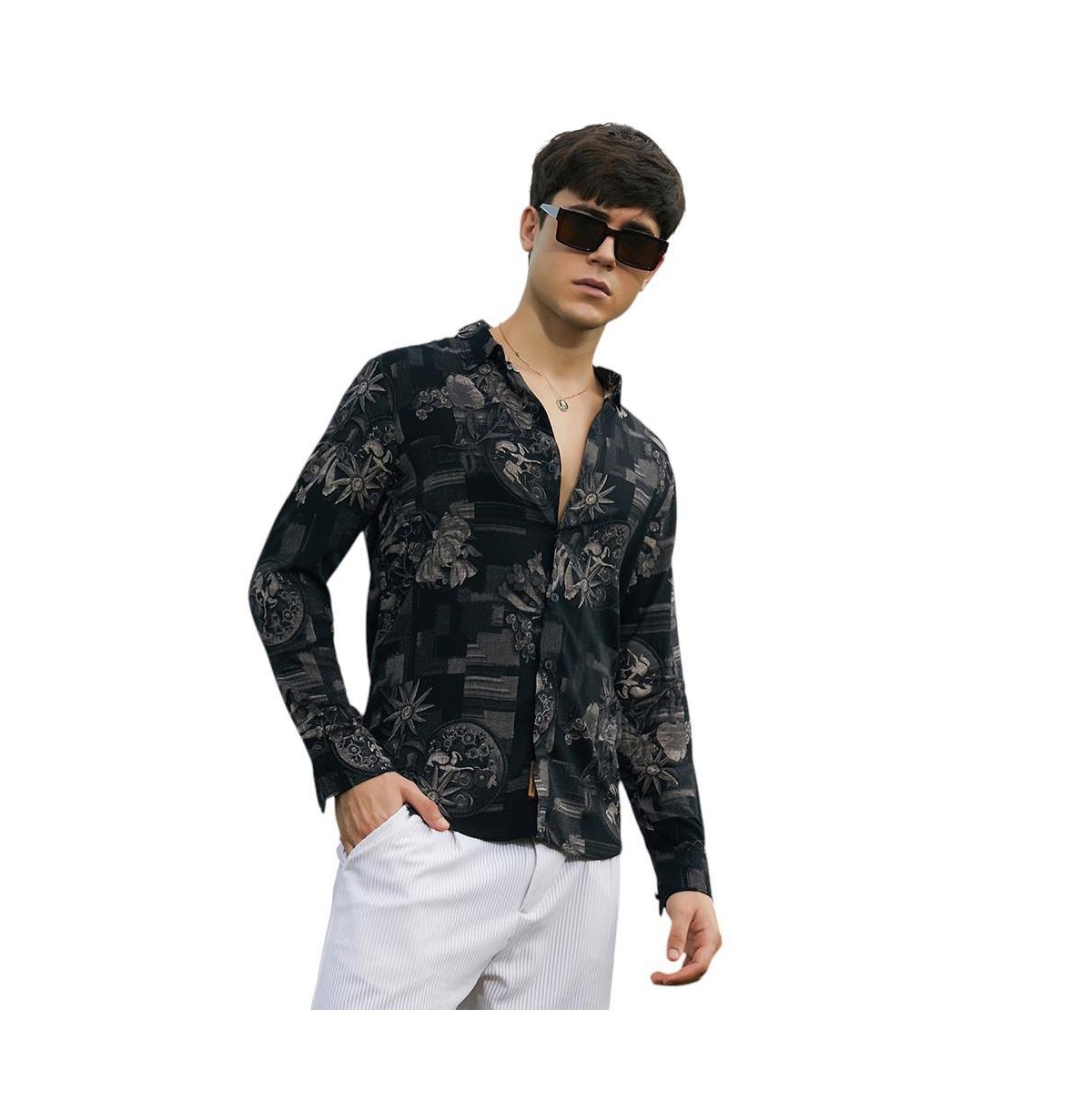 Click here for Campus Sutra Mens Midnight Bloom-Imprint Shirt - M... prices