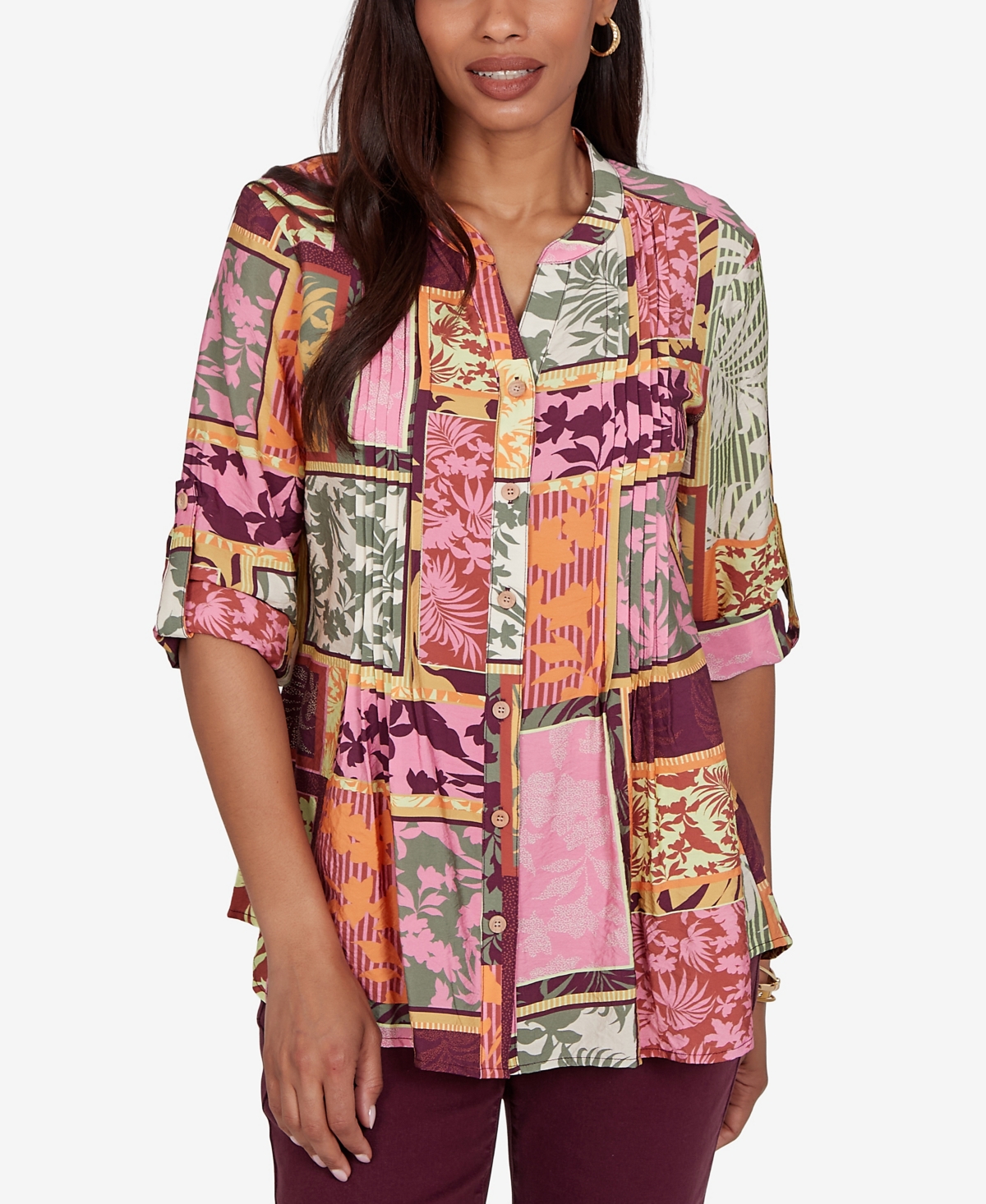 Click here for Ruby Rd. Petite Tropical Patchwork Voile Button Fr... prices