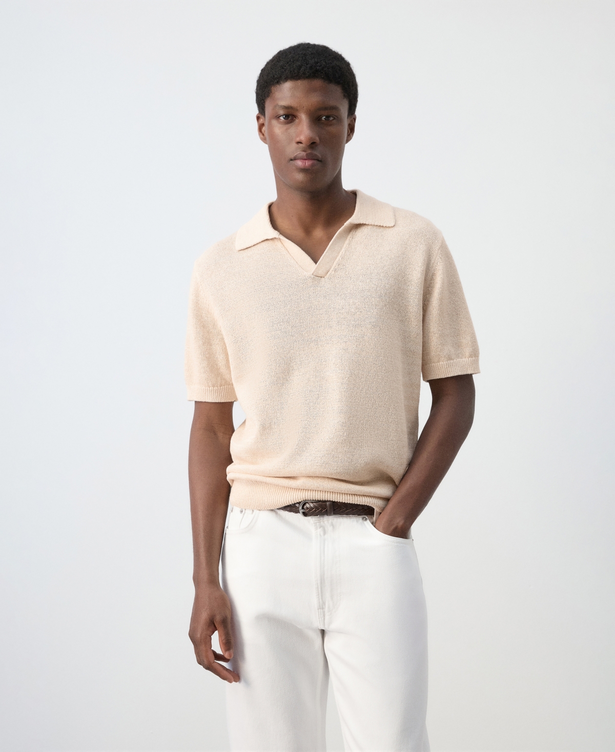 Click here for Mango Mens Microstructure Cotton Polo Shirt - Ecru prices