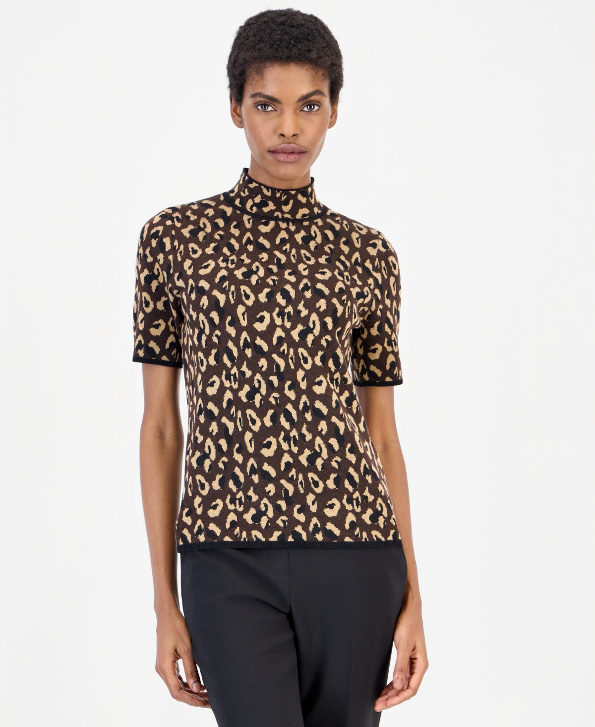 Click here for Anne Klein Womens Animal-Print Mock-Neck Short-Sle... prices