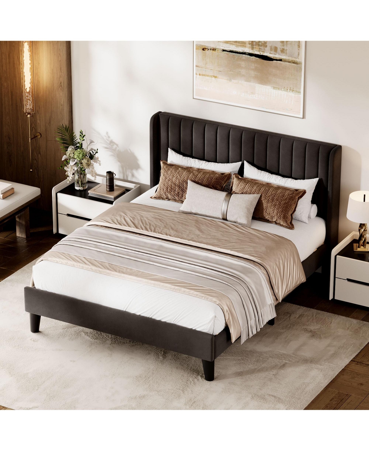 Click here for homfan Velvet Bed Frame with Upholstered Headboard... prices