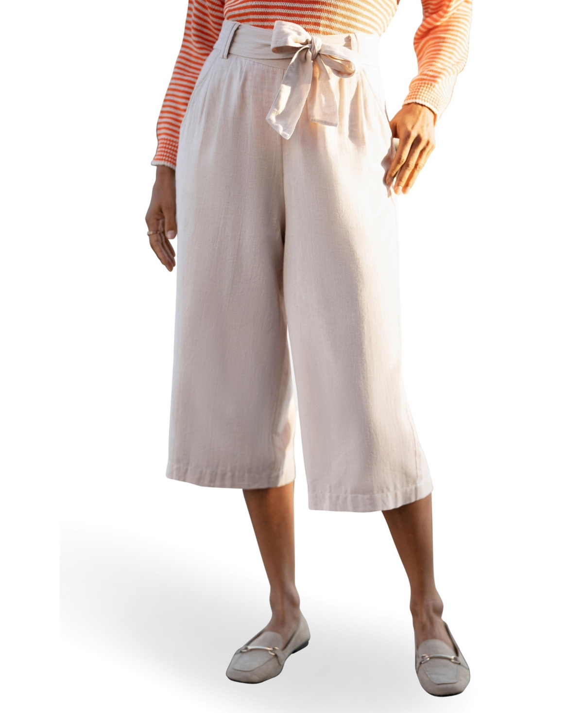 Click here for Yumi Womens Linen Blend Tie-Belt Cropped Trousers... prices