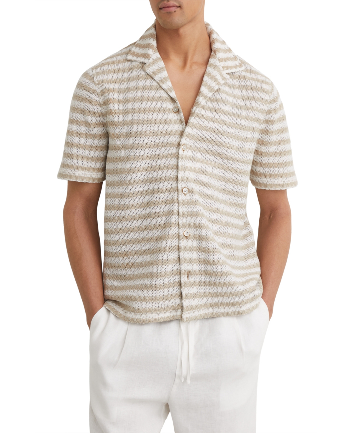 Click here for Reiss Mens Island Stripe Crochet Cuban Shirt - Whi... prices