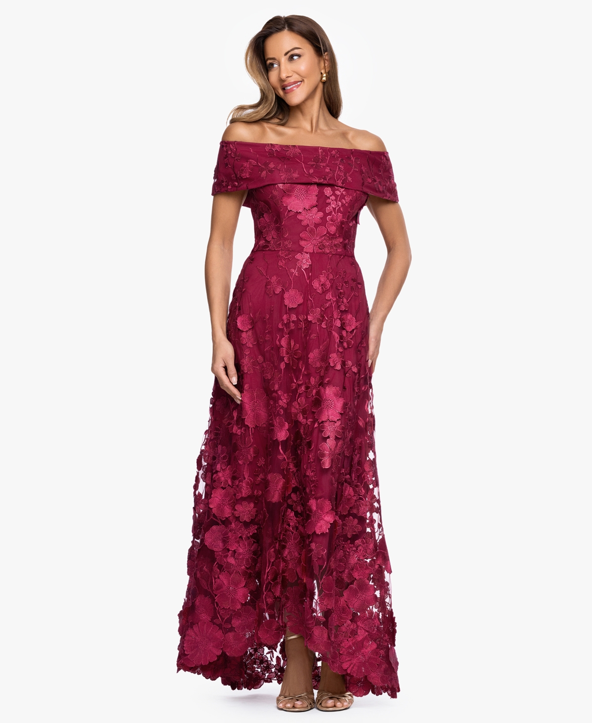 Xscape Womens Off-The-Shoulder Embroidered Floral Ball Gown - Wine