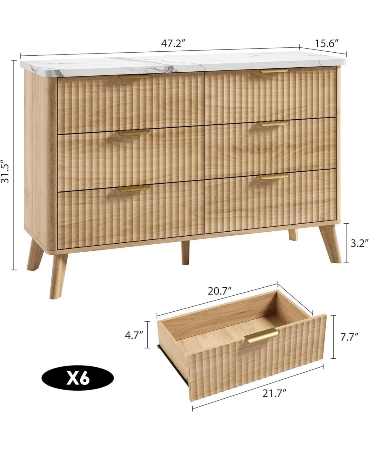 Click here for gaomon Modern Fluted 6 Drawer Dresser Curved Profi... prices