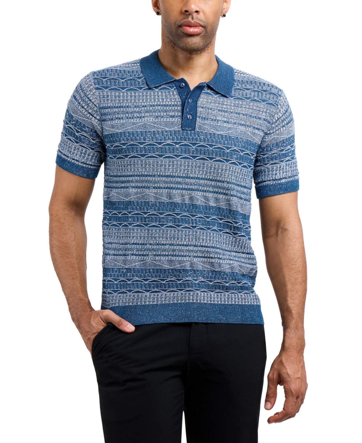 Click here for Xray Mens Allover Jacquard Sweater Polo - Indigo prices
