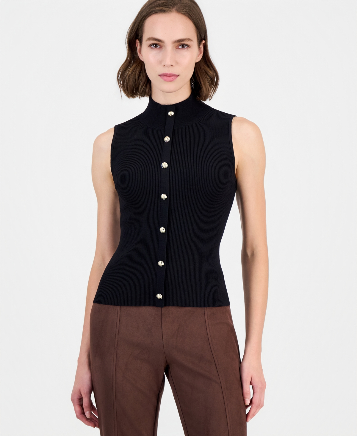 Click here for T Tahari Womens Sleeveless Ribbed Mock-Neck Sweate... prices