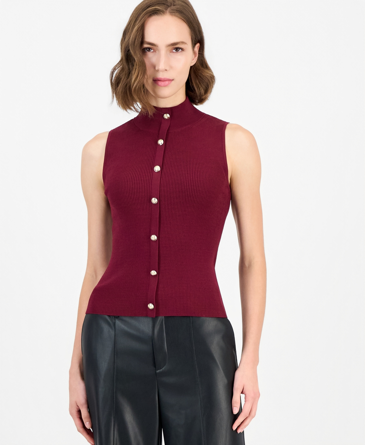 Click here for T Tahari Womens Sleeveless Ribbed Mock-Neck Sweate... prices