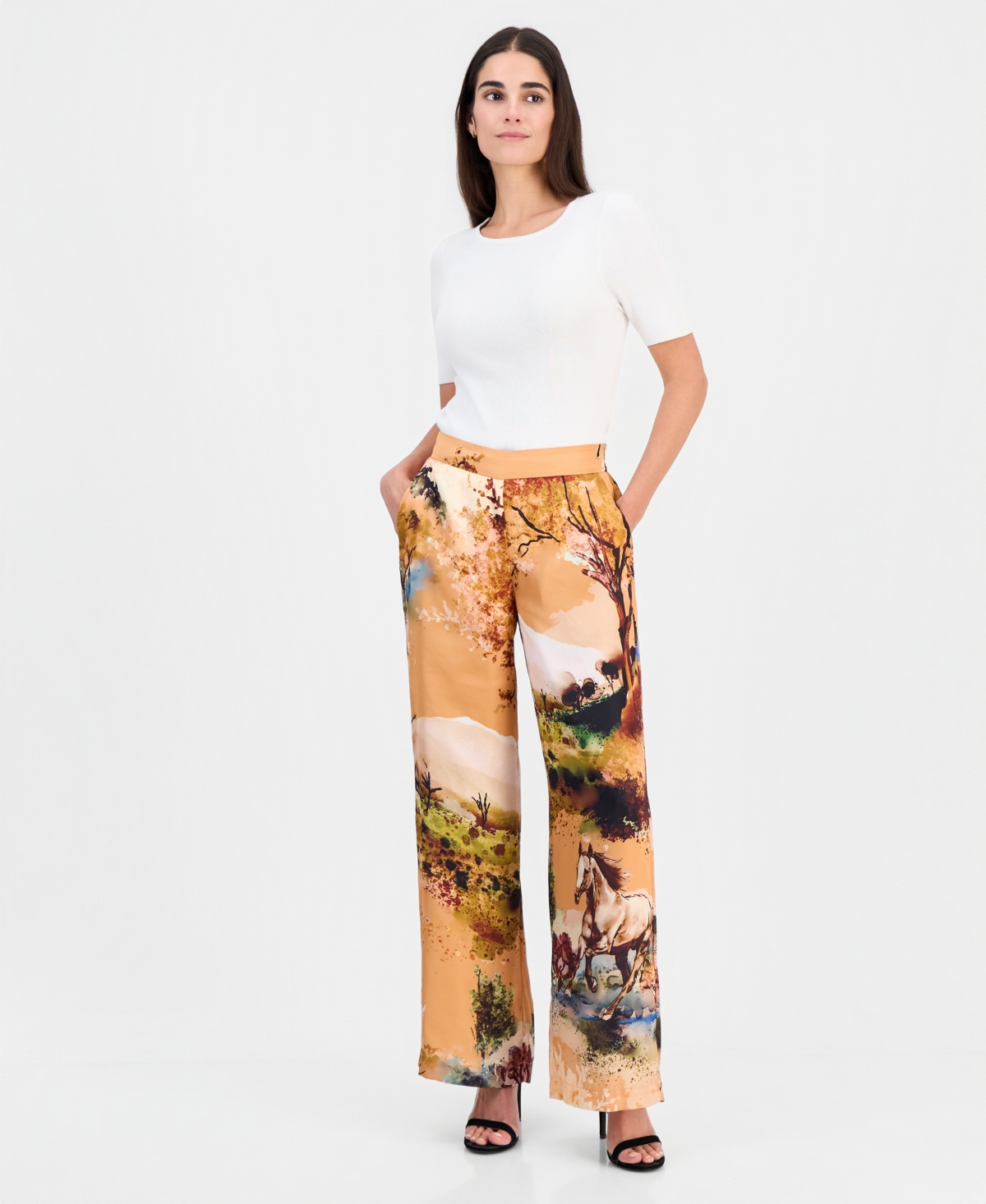 Click here for T Tahari Womens Printed Pull-On High-Rise Pants -... prices
