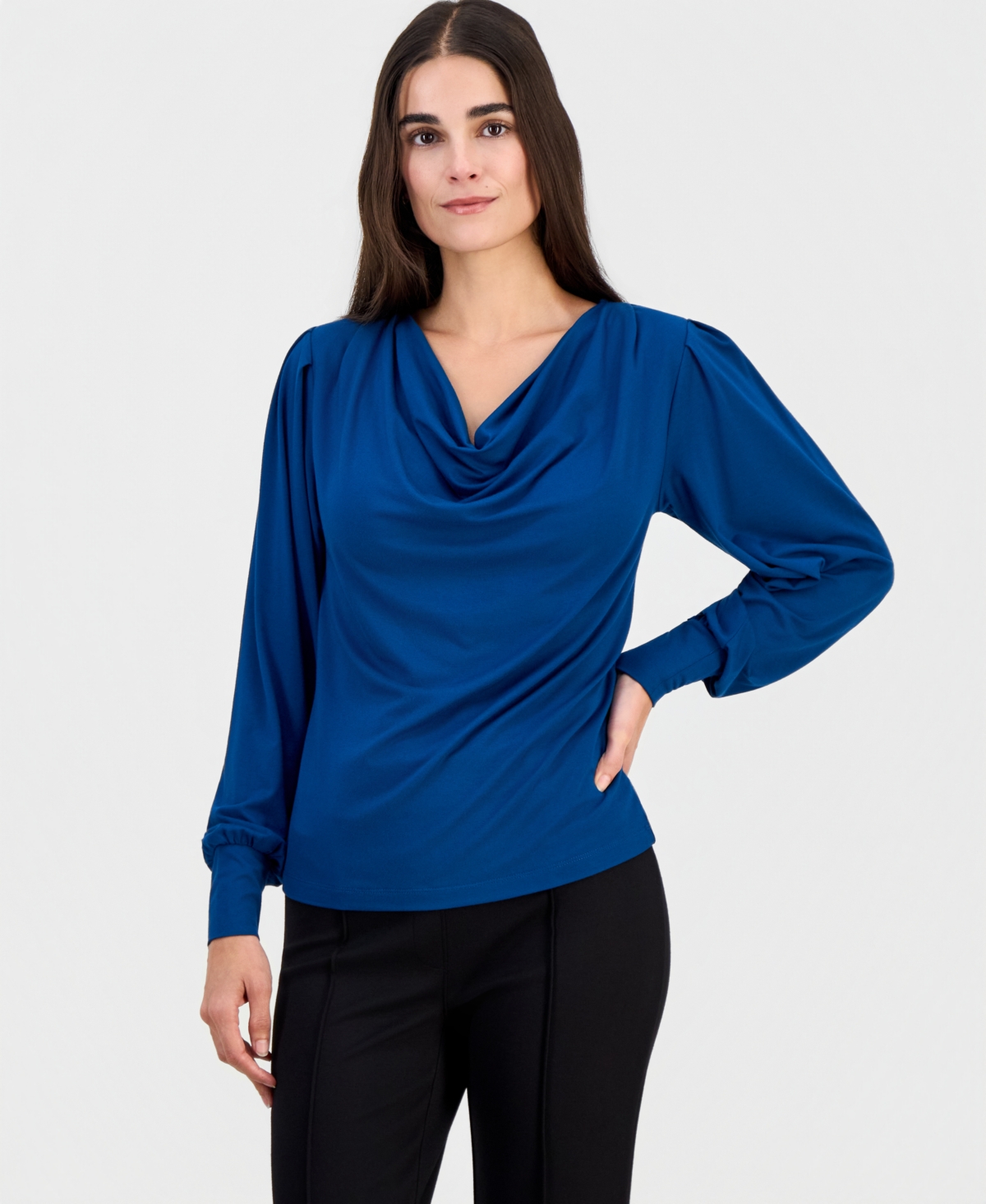 Click here for T Tahari Womens Cowl-Neck Balloon-Sleeve Top - Blu... prices