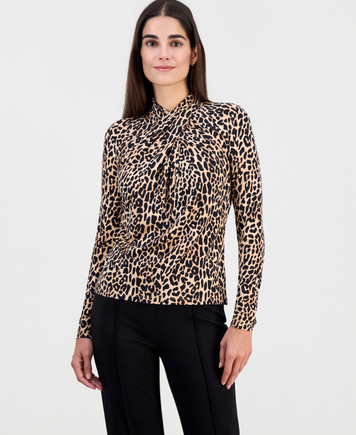 Click here for T Tahari Womens Printed Draped-Neck Long-Sleeve To... prices