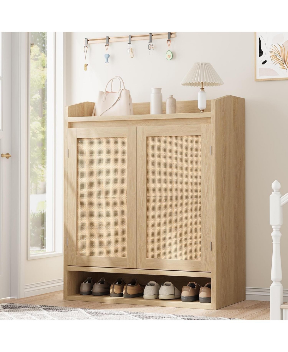 gaomon Modern Rattan Shoe Cabinet for Entryway Storage Wooden Shoe Rack Organizer with Adjustable Shelves Closed Dustproof Furniture