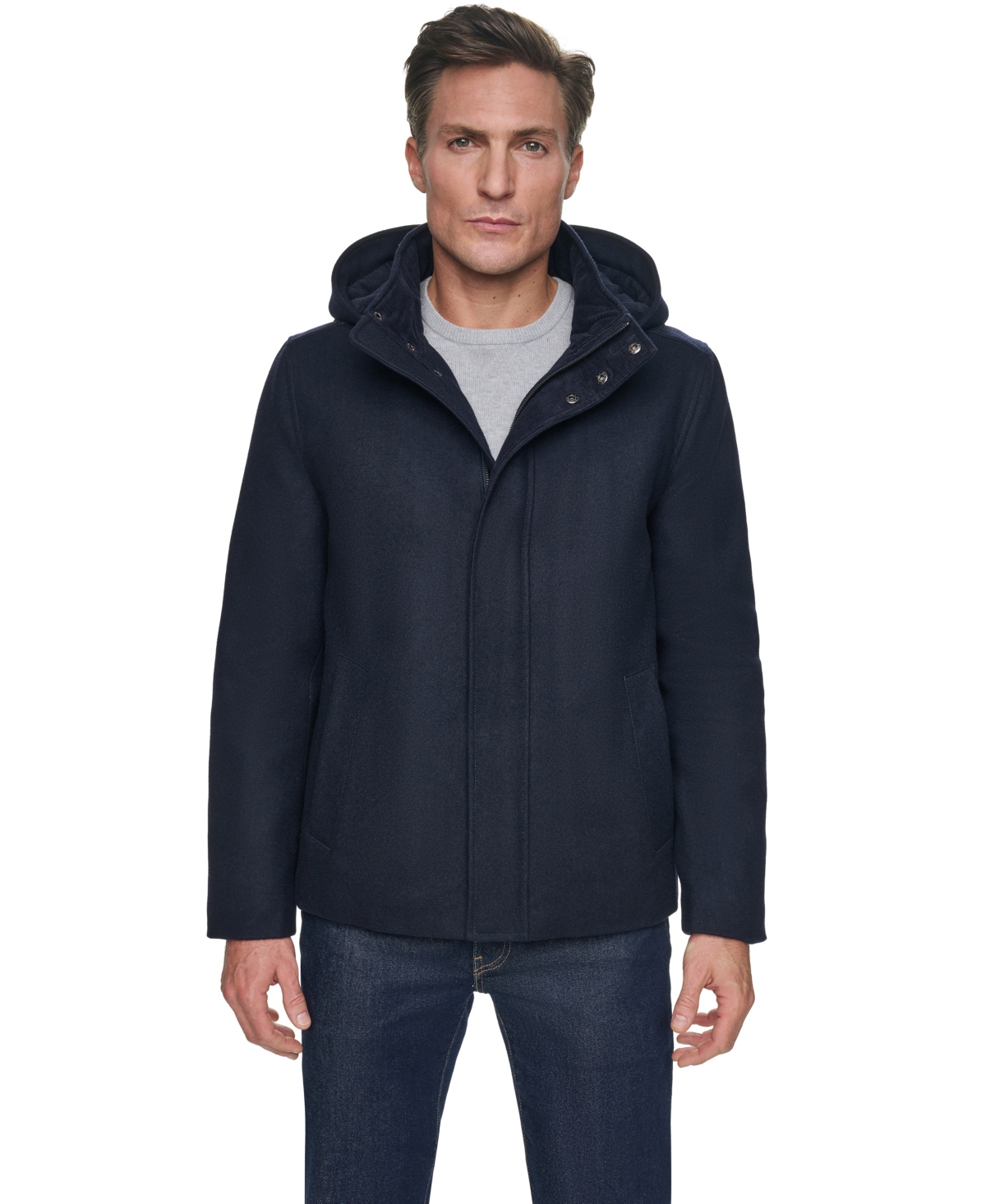 Click here for Cole Haan Mens Front-Zip Duffel Wool Jacket - Navy prices