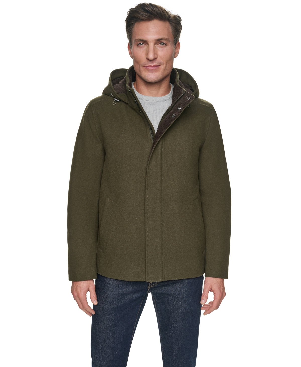 Click here for Cole Haan Mens Front-Zip Duffel Wool Jacket - Oliv... prices
