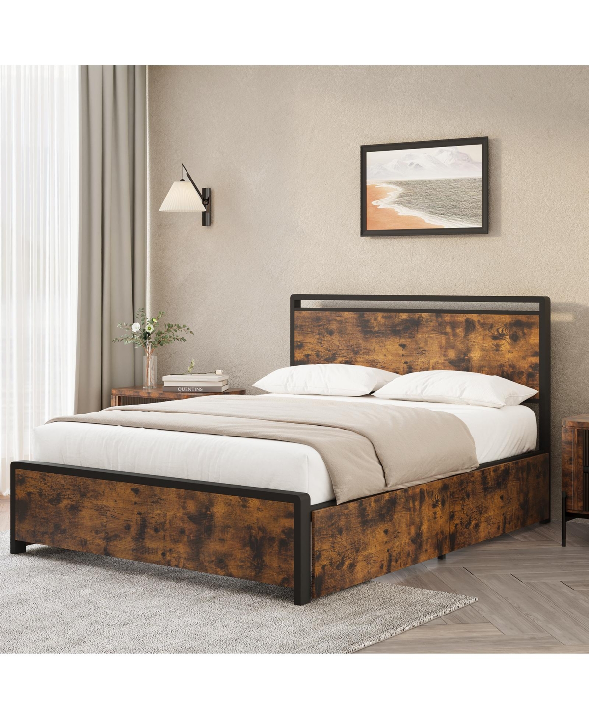 Click here for homfan Bed Frame with 4 Storage Drawers  Rustic Vi... prices