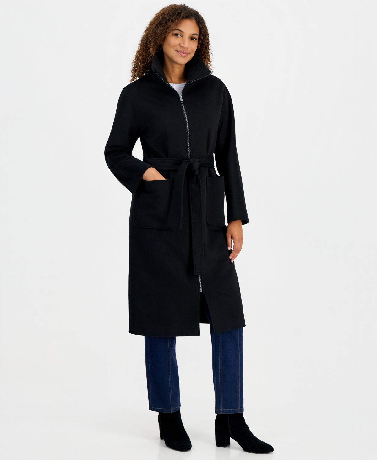 Click here for Calvin Klein Womens Belted Knit-Collar Textured Co... prices