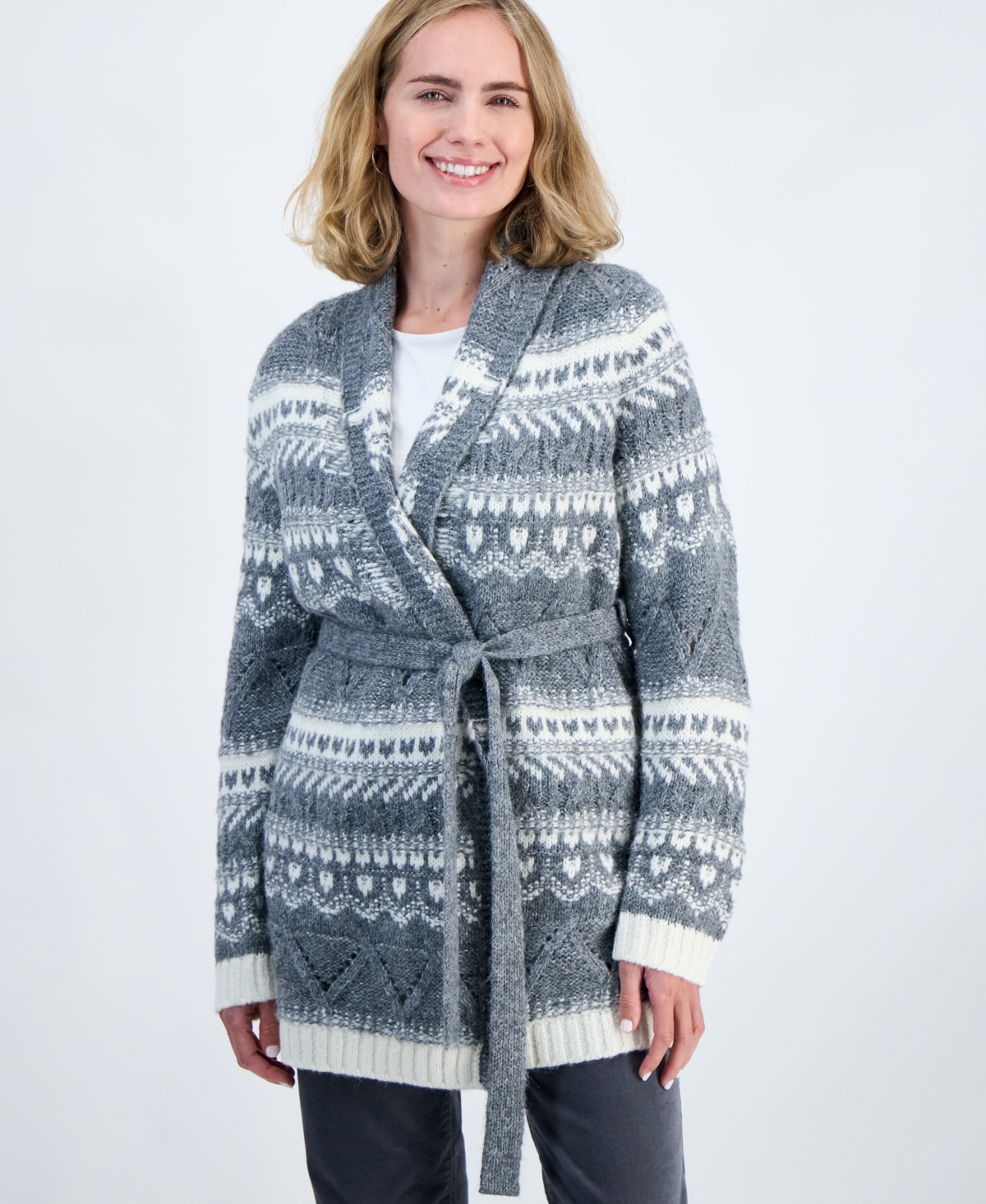 Click here for Style & Co Petite Fair Isle Long-Sleeve Wrap Tie C... prices