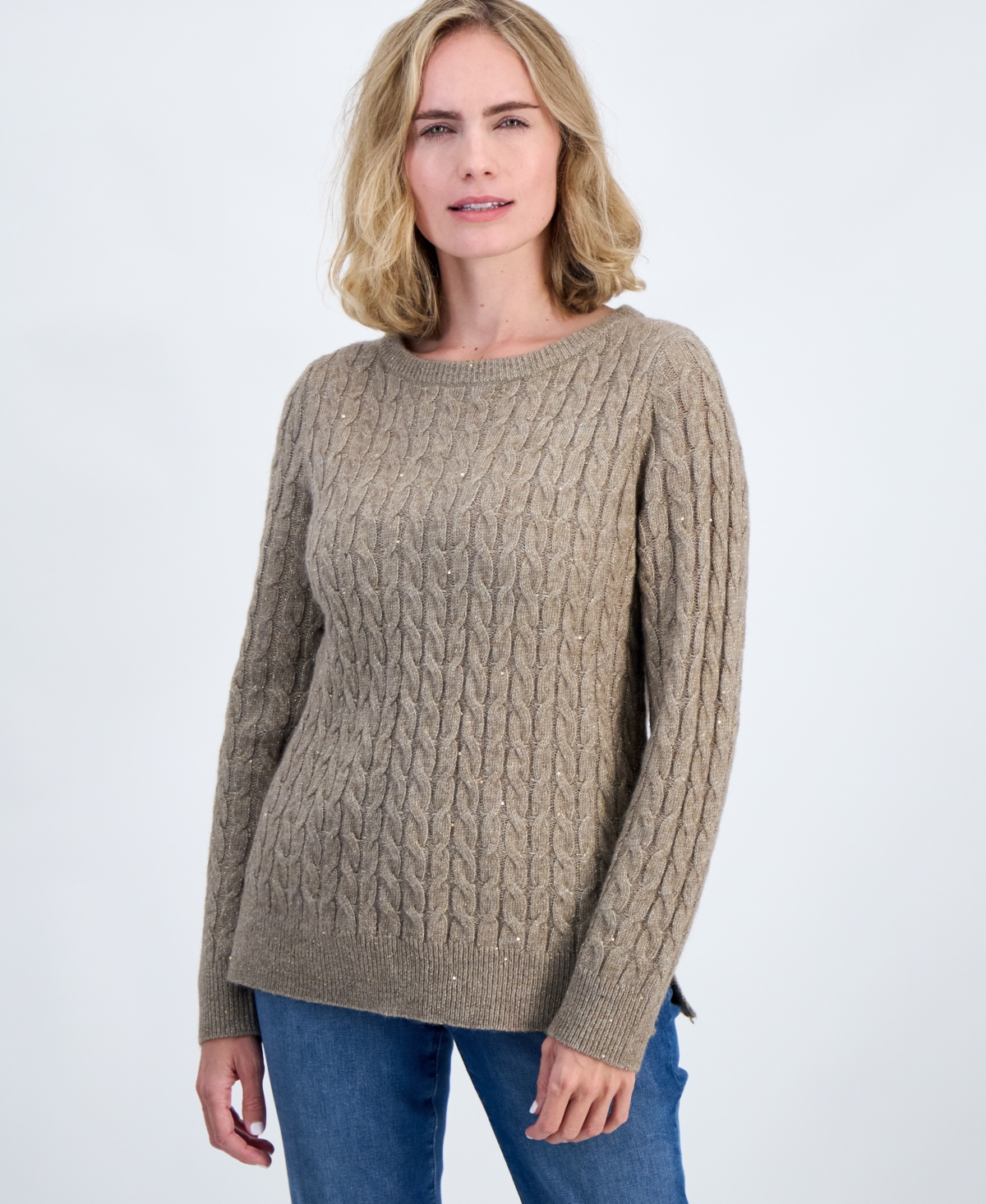 Click here for Style & Co Petite Shine Cable-Knit Boat Neck Sweat... prices