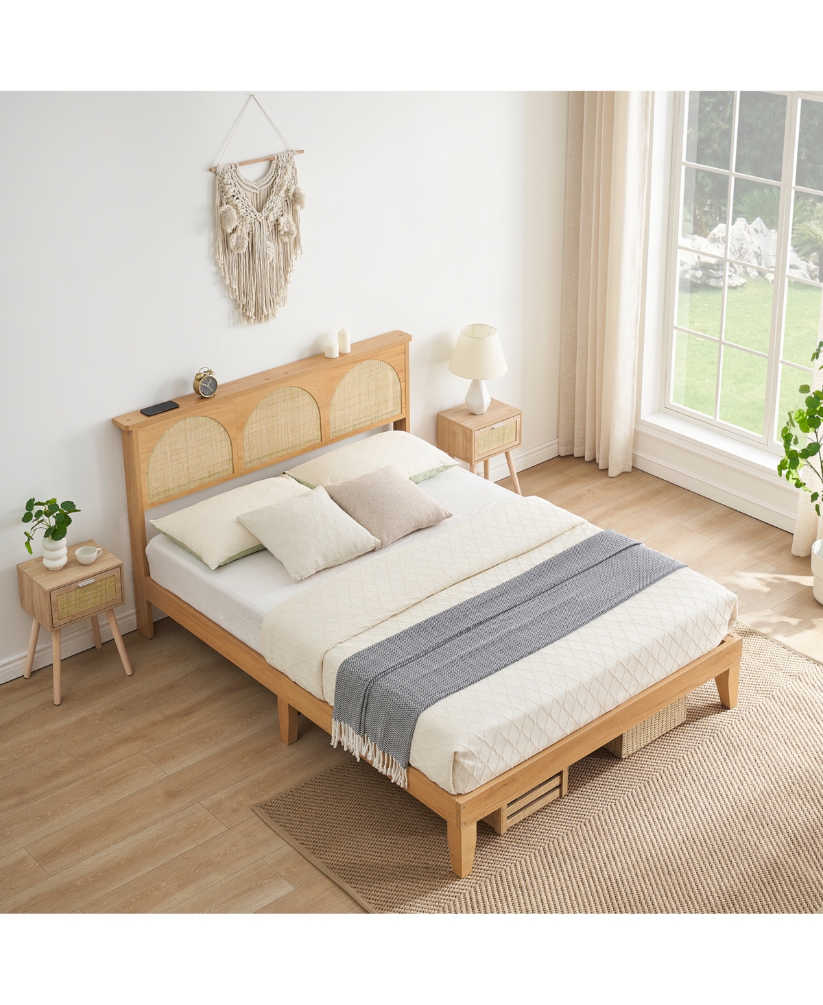 Click here for homfan Modern Rattan Headboard Bed Frame with Led... prices