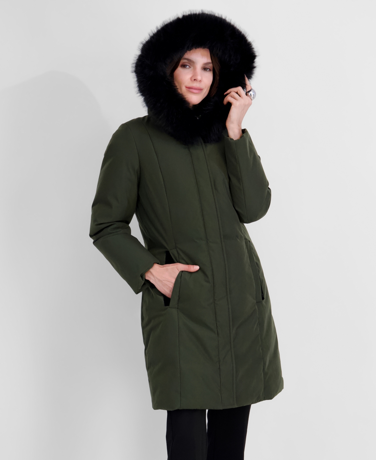 Click here for Tahari Womens Velvet Bibbed Faux-Fur Hooded Puffer... prices