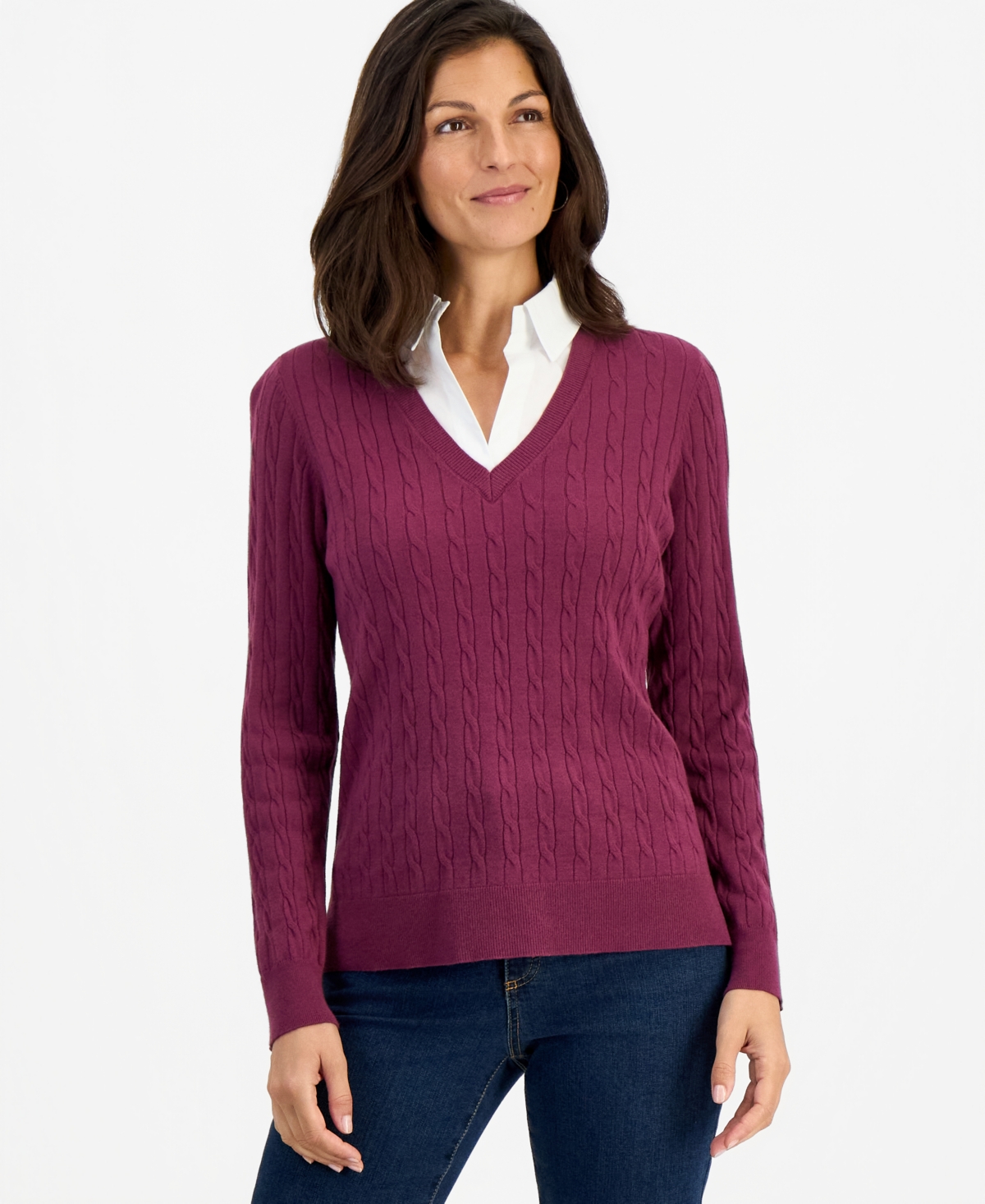 Click here for Style & Co Petite Two-Fer Cable Knit Polo Sweater... prices