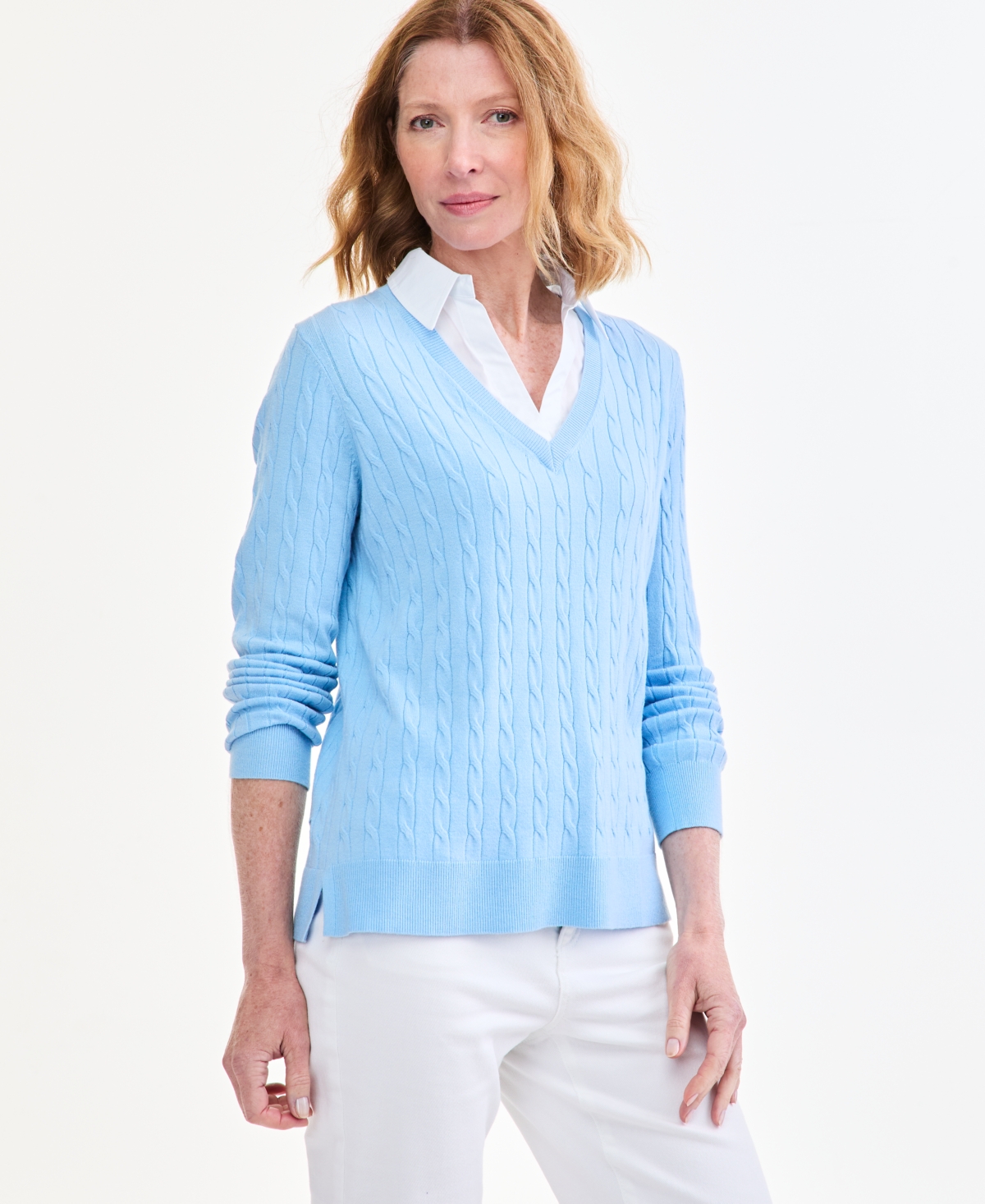 Click here for Style & Co Womens V-Neck Twofer Cable-Knit Sweater... prices