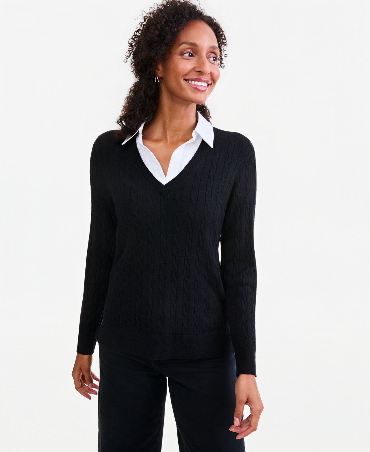 Click here for Style & Co Petite Two-Fer Cable Knit Polo Sweater... prices