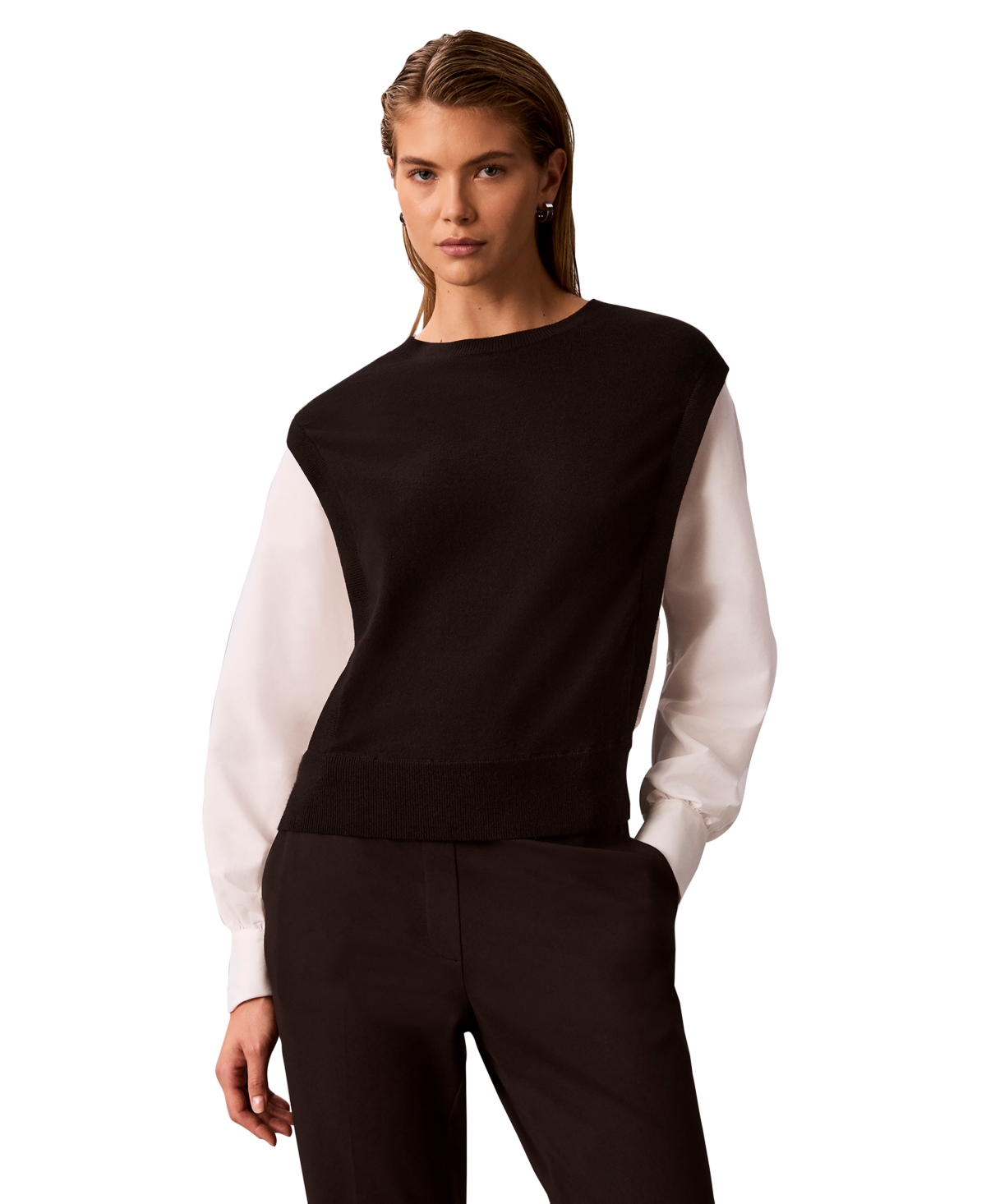 Click here for Calvin Klein Petite Crewneck Top - Black / Photo W... prices