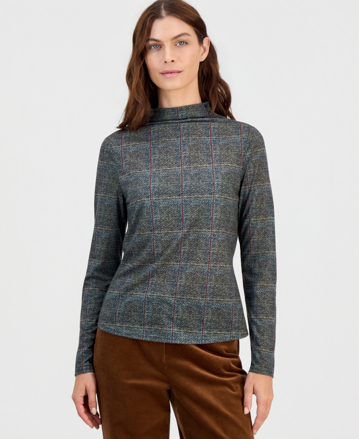 Click here for Tahari Asl Womens Mock-Neck Plaid Top - Cranberry... prices